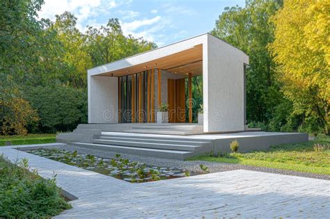 Modern Architectural Structure In A Serene Garden Setting Surrounded By Trees Stock Image