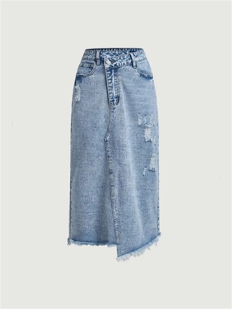 Shein Mod Ripped Raw Hem Denim Skirt Shein Usa