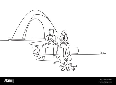 Single Continuous Line Drawing Couple Hikers Sitting On Log Of Wood