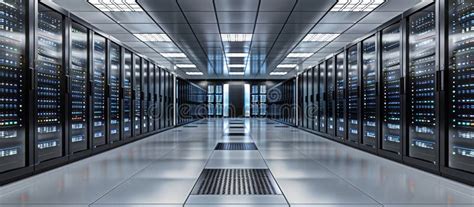 Symmetrical Futuristic Corridor In Hightech Data Center With Server Racks Electronic Hardware
