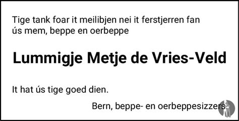 Lummigje Metje De Vries Veld Overlijdensbericht En Condoleances Mensenlinq Nl