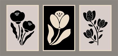 Abstract Flowers Set Of Black And White Hand Drawn Posters Wall Art