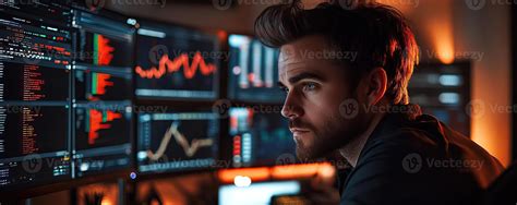 A Handsome Trader Stands At His Desk Analyzing High Definition Computer Monitors Orderly