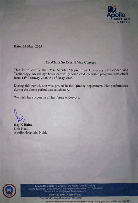 Successfully Completed 4 Months Internship At Apollo Hospital Noida Niruta Magar