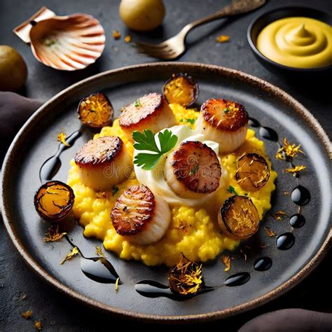 Gourmet Pan Seared Scallops With Yellow PurÃ©e Stock Illustration