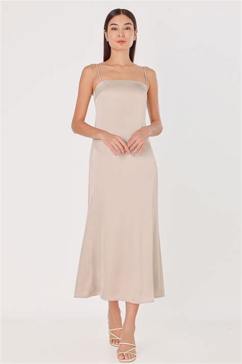 Mabel Padded Satin Back Slit Two Way Column Maxi Dress Champagne Lovet