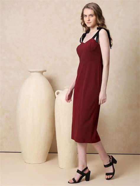 Maroon Midi Dress With Shoulder Straps Mish India