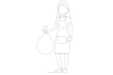 Premium Vector A Housewife Holding A Trash Bag Line Art