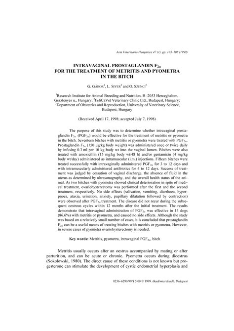 Pdf Intravaginal Prostaglandin F2α For The Treatment Of Metritis And Pyometra In The Bitch