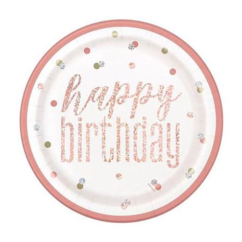 Glitz Rose Gold Birthday Plates 8 Pack