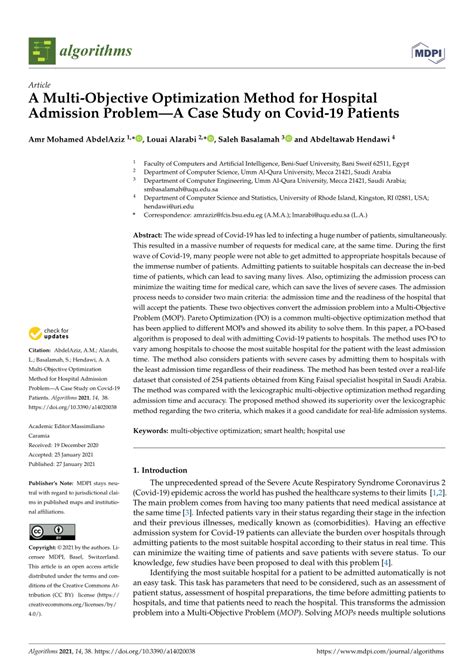 Pdf A Multi Objective Optimization Method For Hospital Admission