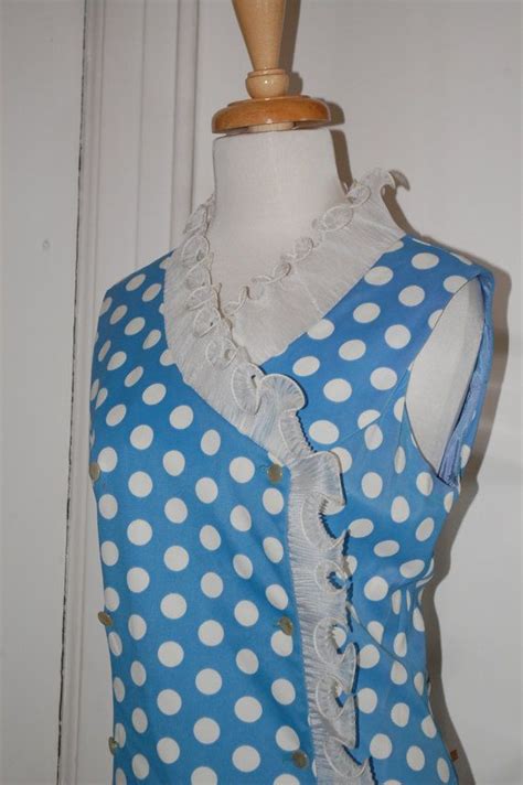 Vintage 60s Bluewhite Polka Dot Ruffled Wrap Dress