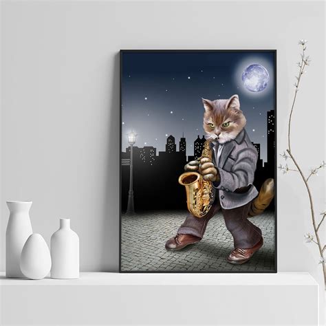 Gato tocar saxofón en el cartel de la noche sin marco regalo Etsy