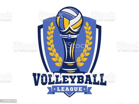 배구 리그 엠 블 럼 아이콘 배구 공 컵 밝은 배경에 방패와 템플릿 디자인 Championship에 대한 스톡 벡터 아트 및 기타 이미지 Championship 경기