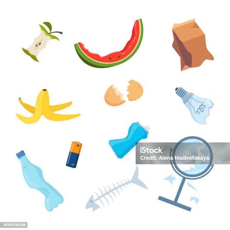 유기농 유리 플라스틱 종이 폐기물 음식 퇴비 수집은 흰색 배경에 분리되어 있습니다 바나나와 수박 껍질 생선 뼈와 사과 그루터기 플라스틱 병 벡터 그림입니다 과일에 대한 스톡