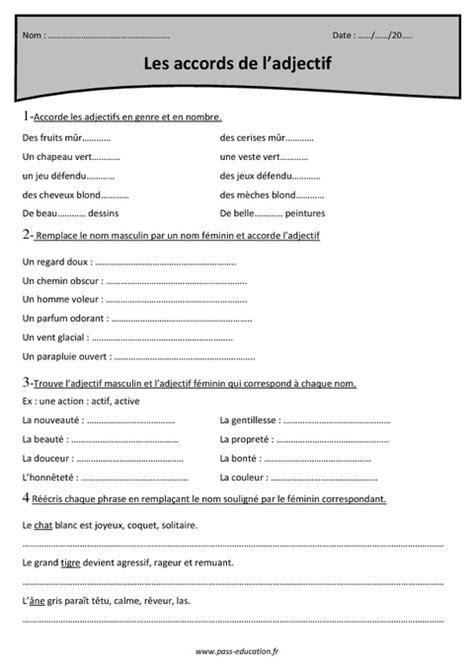 Accords de l adjectif Cm1 Exercices à imprimer Pass Education