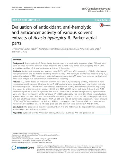 Pdf Evaluation Of Phenolic Contents And Antioxidant Activity Of