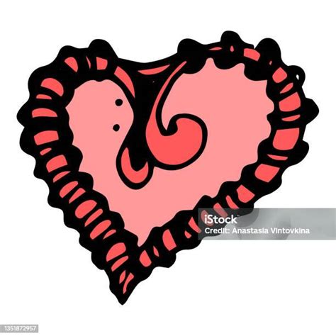줄무늬 패턴의 붉은 심장 낙서 스타일 가장자리를 따라 곡선 라인의 패턴분홍색과 빨간 하트 초대 템플릿 엽서 섬유 및 포장의 디자인을위한 흰색 배경에 검은 윤곽을 손으로 그린