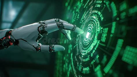 Close Up Of Robotic Hand Interacting With Digital Screen Displaying Ai Code Showcasing