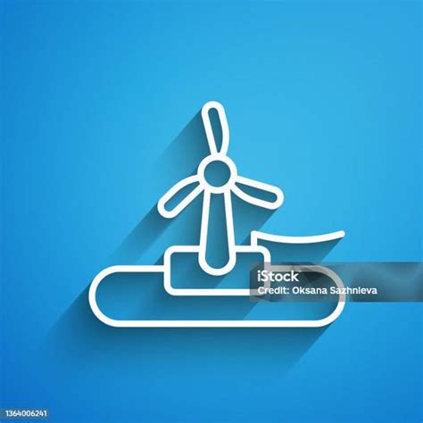 파란색 배경에 격리된 화이트 라인 풍력 터빈 아이콘입니다 풍력 발전기 기호 전력 생산을 위한 풍차 긴 그림자 벡터 개발에 대한