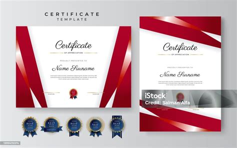 빨간색과 금색의 감사 템플릿 배지 디자인이있는 다목적 인증서 테두리의 고급 인증서 우아한 빨간색과 금색 졸업장 증명서 템플릿 빨강에 대한 스톡 벡터 아트 및 기타 이미지