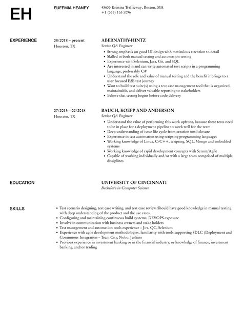 Senior Qa Engineer Resume Samples Velvet Jobs