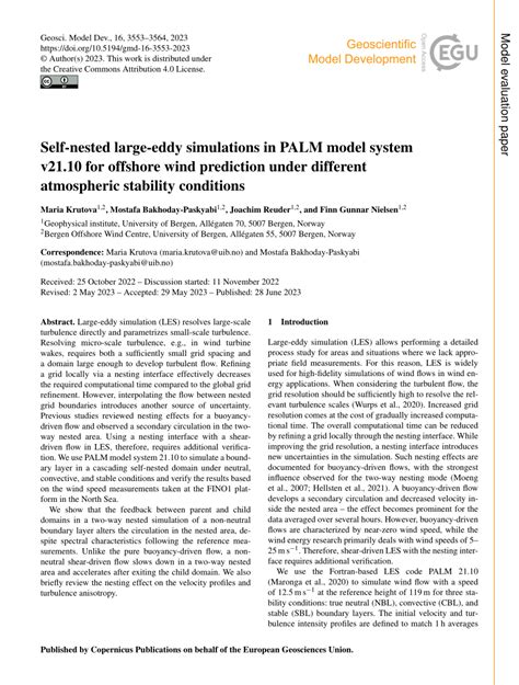 Pdf Self Nested Large Eddy Simulations In Palm Model System V2110 For Offshore Wind
