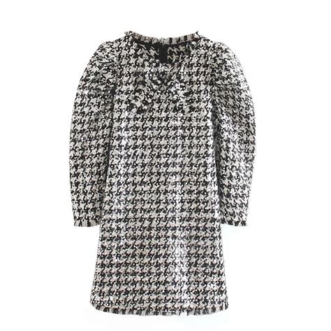 Qz928 весенне осеннее твидовое платье с длинным рукавом и кисточками по краям с узором «гусиная