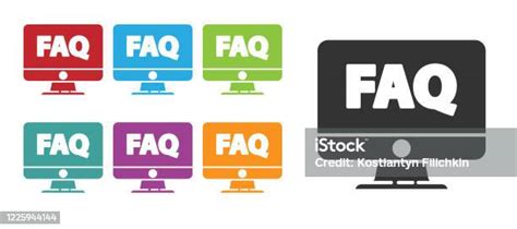 흰색 배경에 격리 된 검은 색 컴퓨터 모니터 및 Faq 아이콘 조정 서비스 설정 유지 보수 수리 고정 다채로운 아이콘을