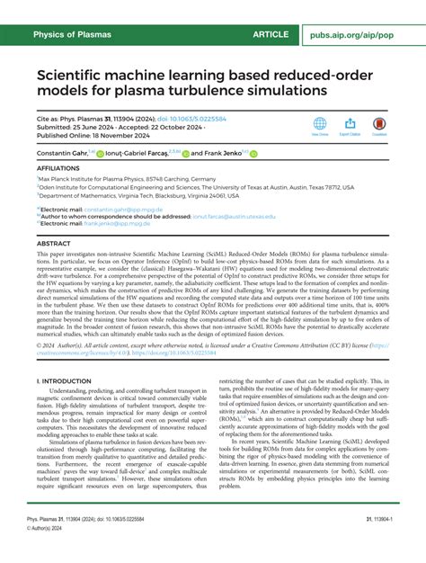 Pdf Scientific Machine Learning Based Reduced Order Models For Plasma Turbulence Simulations