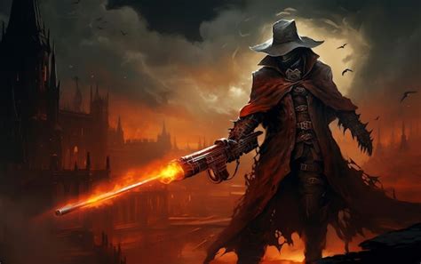 Premium AI Image Fiery Bloodborne Hunter Focusing Large Weapon Generative AI