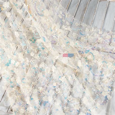 Iridescent Sequins Embellished 3d Flowers Beige Mesh Oneyard