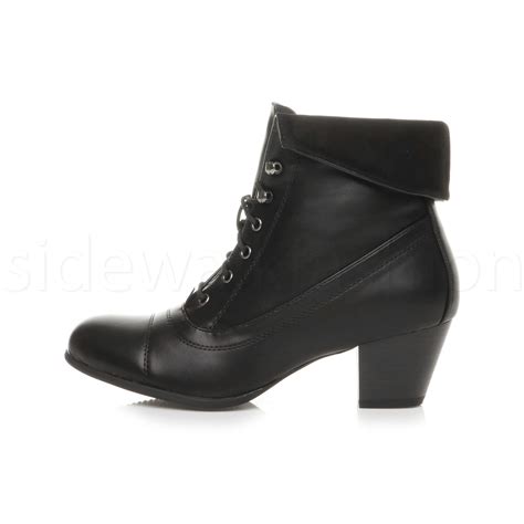 Womens Ladies Block Mid Low Heel Lace Up Fur Cuff Smart Pixie Ankle
