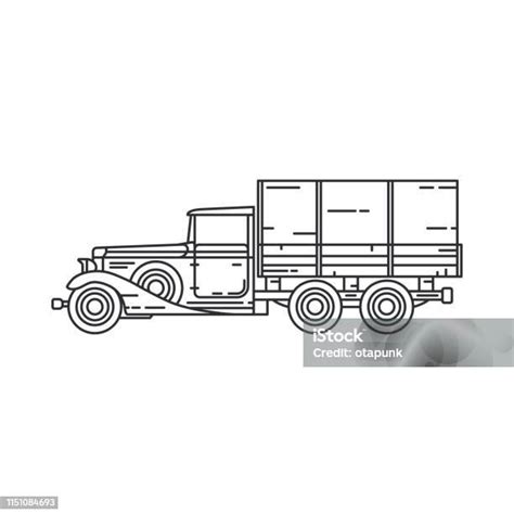 라인 벡터 아이콘 미국 익 화물 마차 트럭 클래식 1930 스타일 향수 골동품 자동차 노동자 자동 수송 역 빈티지 시골 고속도로 레트로 차고 일러스트 컬렉션 자동차