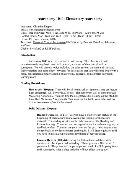 Syllabus Astronomy 1040 Elementary Astronomy Instructor Christian