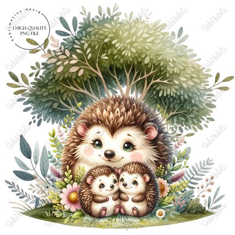 Hedgehog Mama And Babies Hedgehog Clipart Png Woodland Sublimation