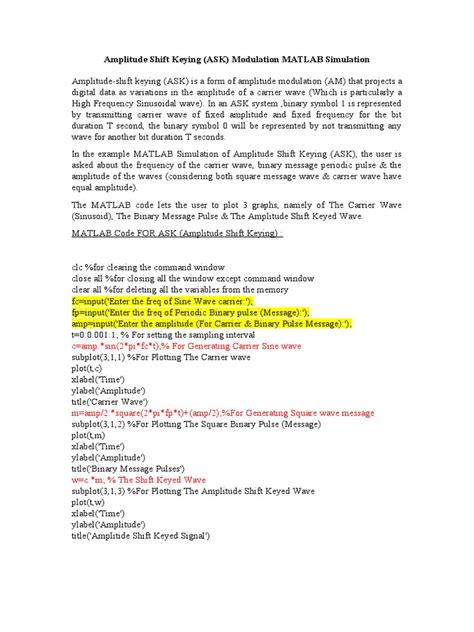 Amplitude Shift Keying Ask Modulation Matlab Simulation C Amp Sin 2 Pi Fc T For