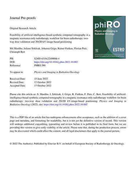 Pdf Feasibility Of Artificial Intelligence Based Synthetic Computed Tomography In A Magnetic