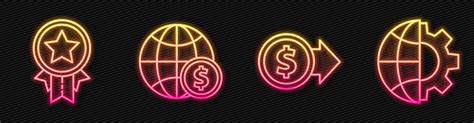 달러와 라인 동전 돈을 설정 별메달 달러와 지구의 글로브와 기어 빛나는 네온 아이콘 벡터 0명에 대한 스톡 벡터 아트 및 기타 이미지 Istock