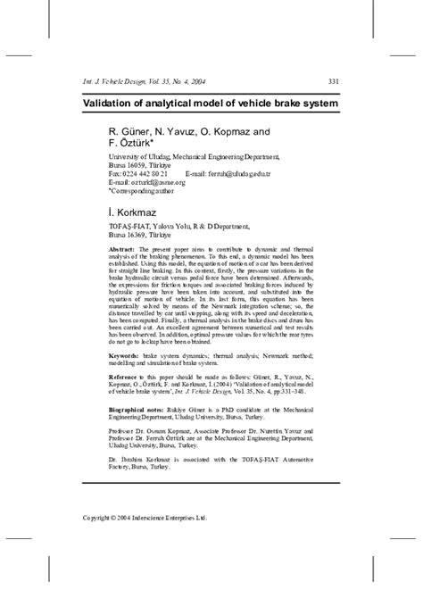 Pdf Validation Of Analytical Model Of Vehicle Brake System