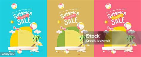 야자수 우산 비치 볼 태양 선글라스 및 파스텔 연단으로 구성된 장난기 넘치는 3d 세트 여름 세일 배너 세트 3차원 형태에 대한 스톡 벡터 아트 및 기타 이미지 Istock