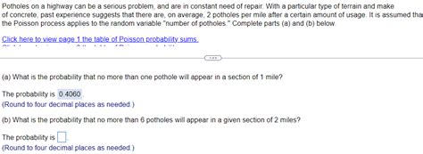 Poisson Probability Sums x rp x μ Potholes on a Chegg