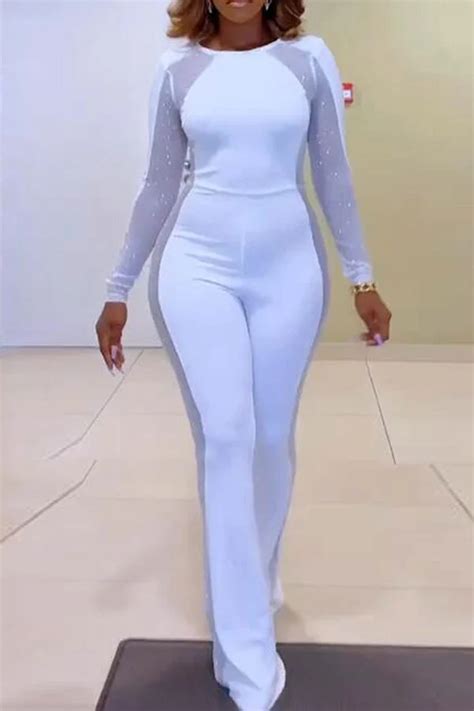 Sexy Mesh Stitching Hot Diamond See Through Tight Bootstrap Jumpsuit