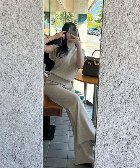 샌드 캡소매 반폴라 니트 팬츠 세트 투피스 4color 에이블리