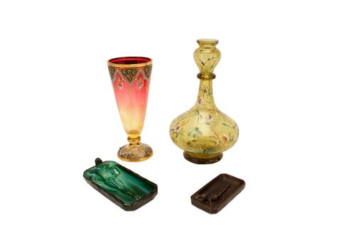 Bonhams A Moser Enamelled Goblet And A Bottle A Malachite Dish And A