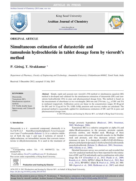 Pdf Simultaneous Estimation Of Dutasteride And Tamsulosin Hydrochloride In Tablet Dosage Form