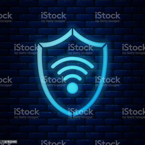 벽돌 벽 배경에 격리 된 Wifi 무선 인터넷 네트워크 기호 아이콘으로 빛나는 네온 방패 보호 안전 개념 벡터 일러스트레이션 0