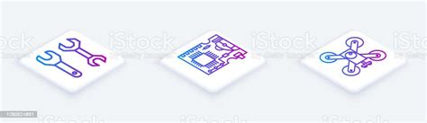 아이소메트릭 라인 스패너 인쇄 회로 기판 Pcb 및 액션 카메라로 비행하는 드론을 설정합니다 흰색 정사각형 버튼 벡터 3차원