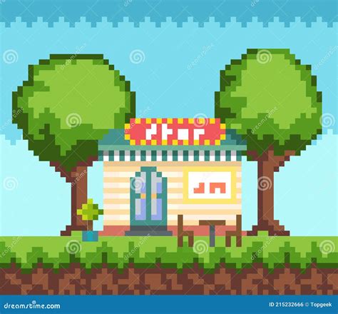 Pixel Art Game Scene With Ground Grass Tree Sky And House Pixelated