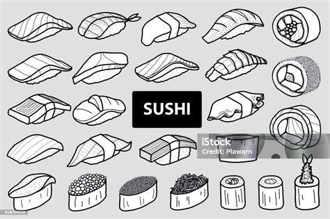 격리 된 초밥의 설정 하 고 검은 윤곽선 및 흰색 비행기에서 귀여운 손으로 그린 스타일입니다 벡터 일러스트 레이 션 가리비에